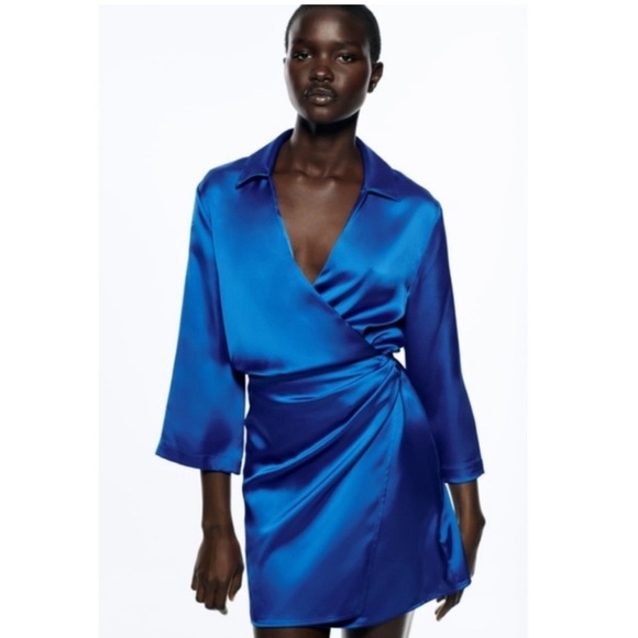 Zara | Dresses | Zara Vibrant Blue Marl Turquoise Satin Effect Wrap ...